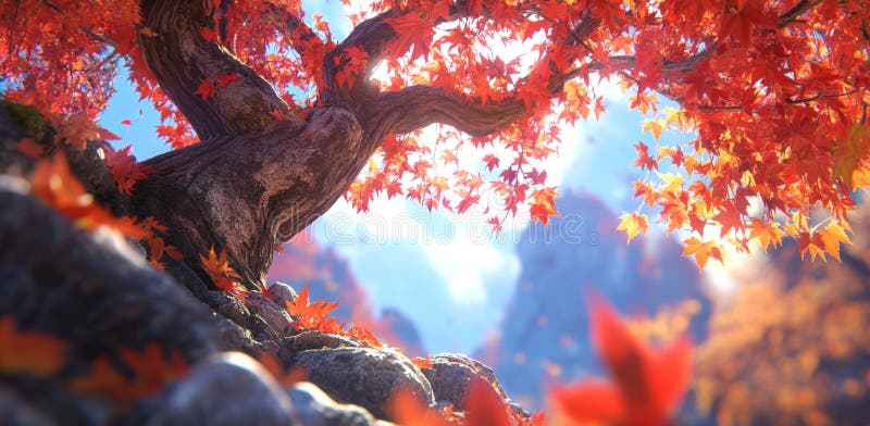 A Fall Tree with Vivid Red and Orange Foliage Under an Unclouded Sky ...