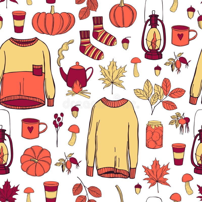 Fall Pattern with Warm Sweaters, Drinks and Pies. Autumn Mood. Stock ...