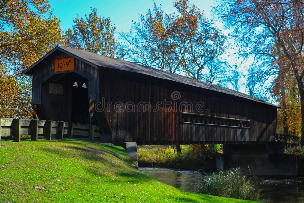Fall View of Covered Bridges Over a River. Stock Photo - Image of fall ...
