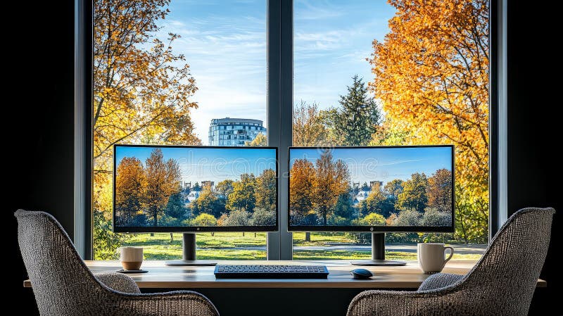 Fall View from Dual Monitors Stock Image - Image of quiet, modern ...