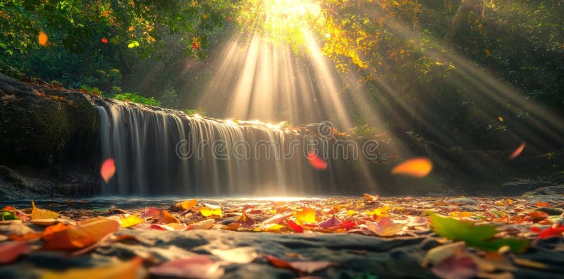 A Fall Waterfall Flowing through a Misty Forest of Golden and Red ...