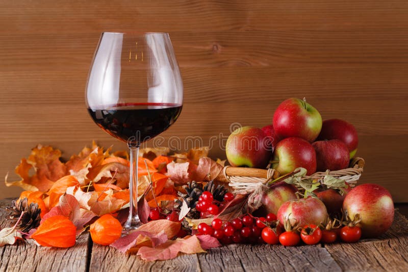 Fall Wine in Glass on Rustic Wooden Background Stock Photo - Image of ...