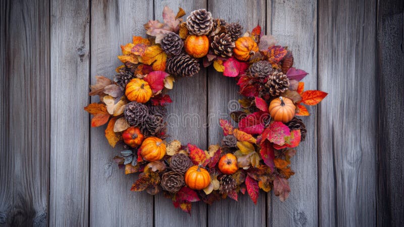 Fall Wreath with Pumpkins, Leaves, and Pinecones Stock Illustration ...