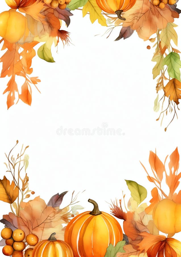 Fall Wreath with Pumpkins and Leaves Watercolor Border Frame Stock ...