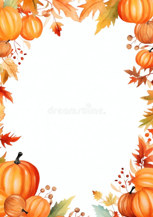 Fall Wreath with Pumpkins and Leaves Watercolor Border Frame Stock ...