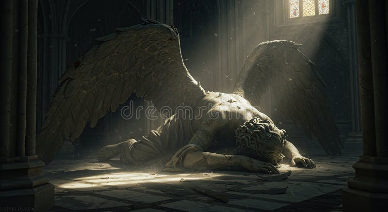 Fallen Angel Statue Lying on Floor with Light Rays Shining through ...