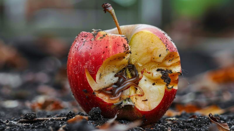 A Fallen Apple Decomposing on the Ground with Worms Crawling on it ...