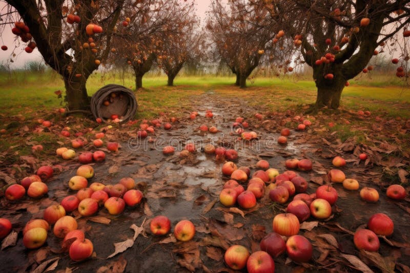 Fallen Apples on Orchard Ground, Surrounded by Autumn Leaves Stock ...