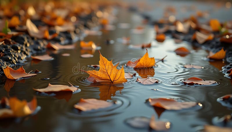 Fallen Autumn Leaves Floating in Water Puddle with Ripple Effect Stock ...
