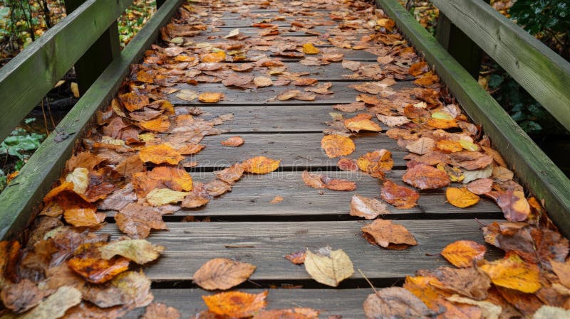 Fallen Autumn Leaves on Wooden Bridge Stock Illustration - Illustration ...