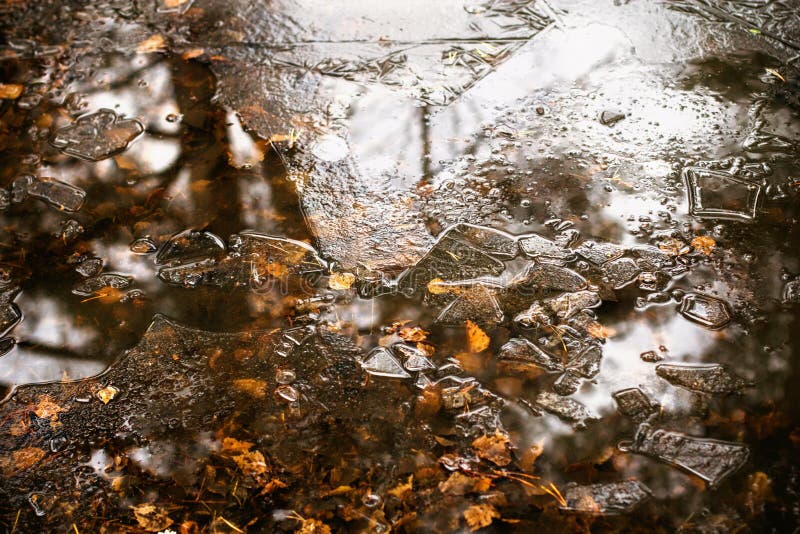 Dark Puddle In Asphalt Road With Reflection Of Office Building Stock ...