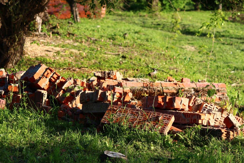 Fallen Brick Wall, Dismantling of a Red Brick Building Stock Image ...
