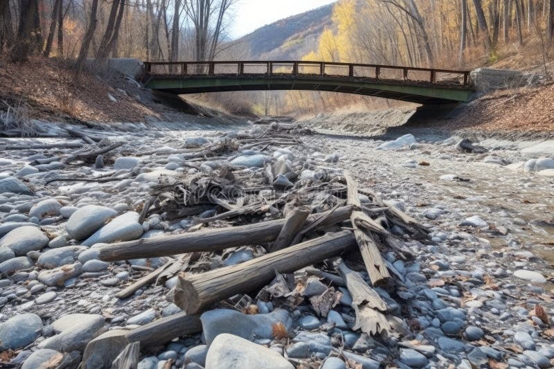 A Fallen Bridge with Its Debris Scattered on a Dry River Bed Stock ...