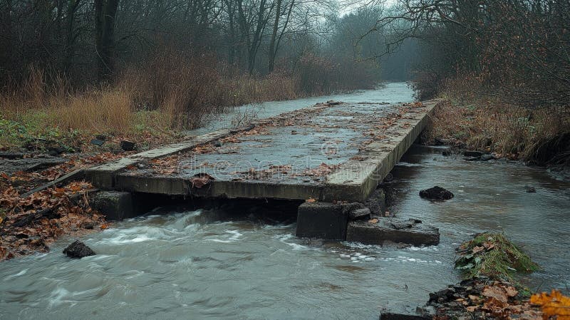 A Broken Bridge with Scattered Concrete Pieces in a Flowing River Stock ...