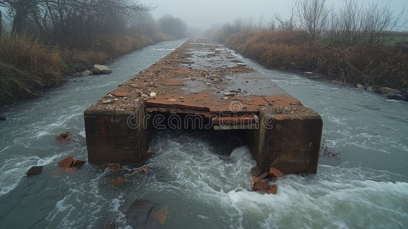 A Dilapidated Bridge Surrounded by Water with Scattered Debris Stock ...