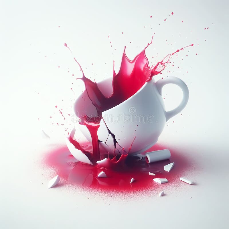 Fallen and Broken White Porcelain Cup with Splashes of Red Ink. AI ...