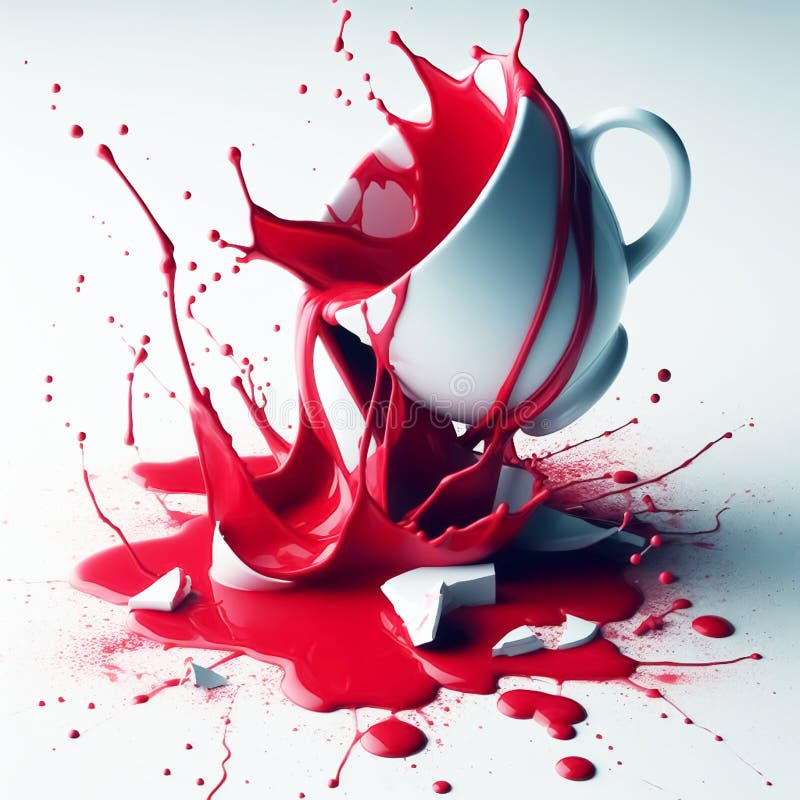Fallen and Broken White Porcelain Cup with Splashes of Red Ink. AI ...