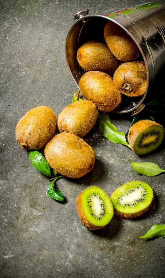 Fallen Bucket with Kiwi Fruit and Leaves. Stock Image - Image of ...