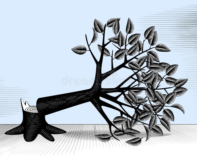 Fallen Cut Down Tree with Foliage and Stump Stock Vector - Illustration ...