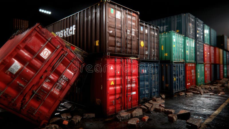 Damaged Cargo Containers Symbolizing Trade War and Tariffs. Concepto De ...
