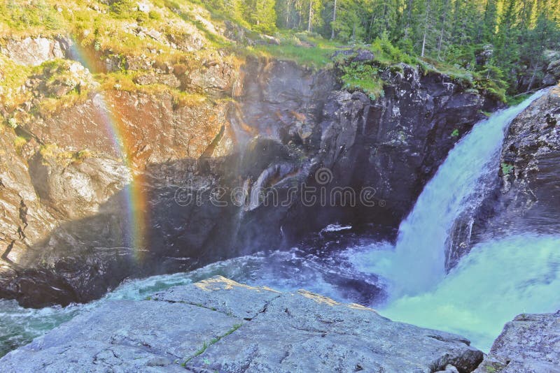 Fallen Dead Broken Tree beside Rainbow Rjukandefossen Waterfall Stock ...