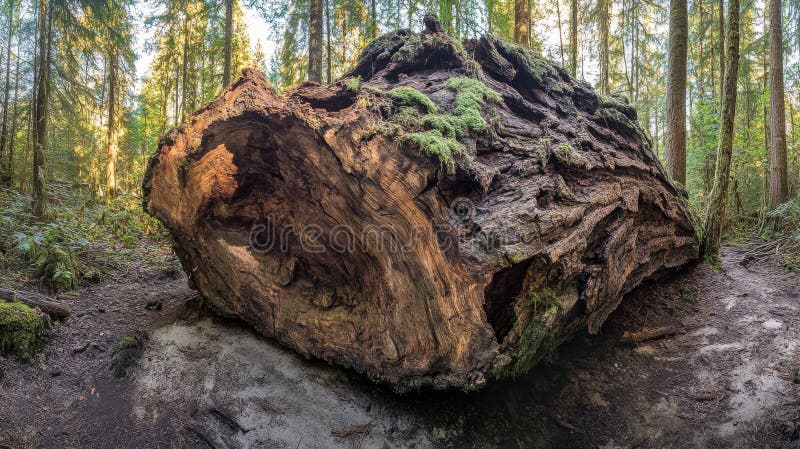 Fallen Giant Tree Trunk Covered in Moss in a Dense Forest with Sunlight ...