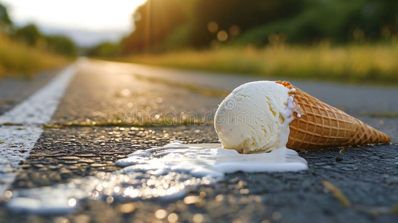 A Fallen Ice Cream Cone Melts on the Road at Sunset. Stock Photo ...