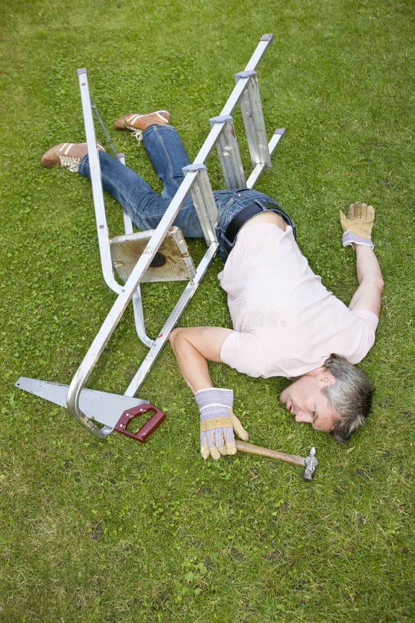 Fallen Man From Ladder Unconscious. Stock Image - Image of dead ...