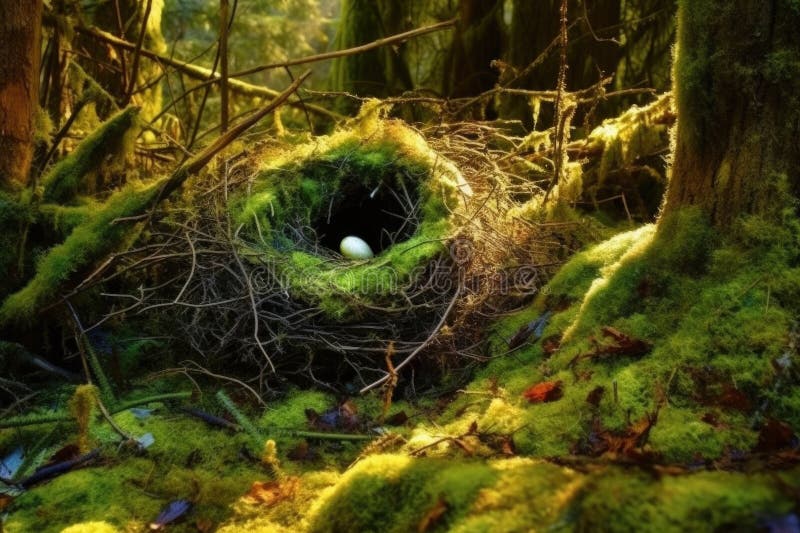 Fallen Nest on a Mossy Forest Floor with Dappled Sunlight Stock ...