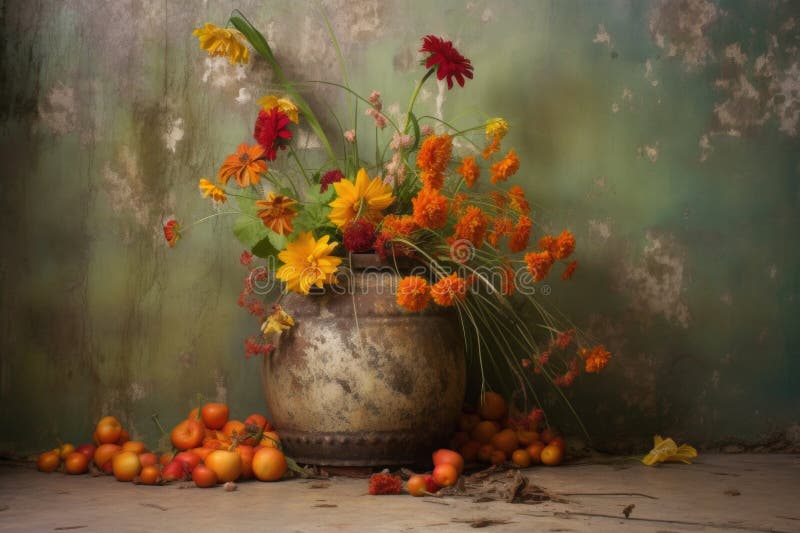 Fallen Pot with Flowers Against Garden Wall Stock Illustration ...