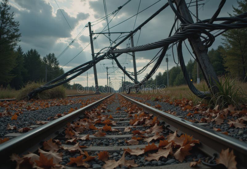 Fallen Power Line Tower Across Train Tracks after a Windstorm Stock ...