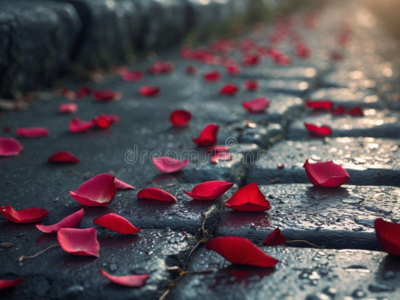 Fallen Red Rose Petals on Wet Cobblestone Pathway in Soft Natural Light ...
