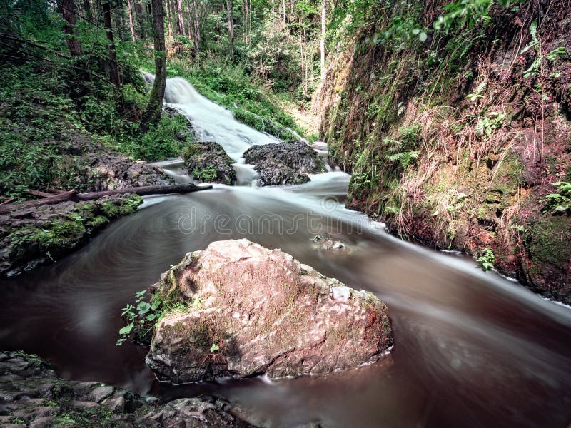 Fallen Rocks and Rapids in Forest. Curved Mountain Stream Stock Photo ...