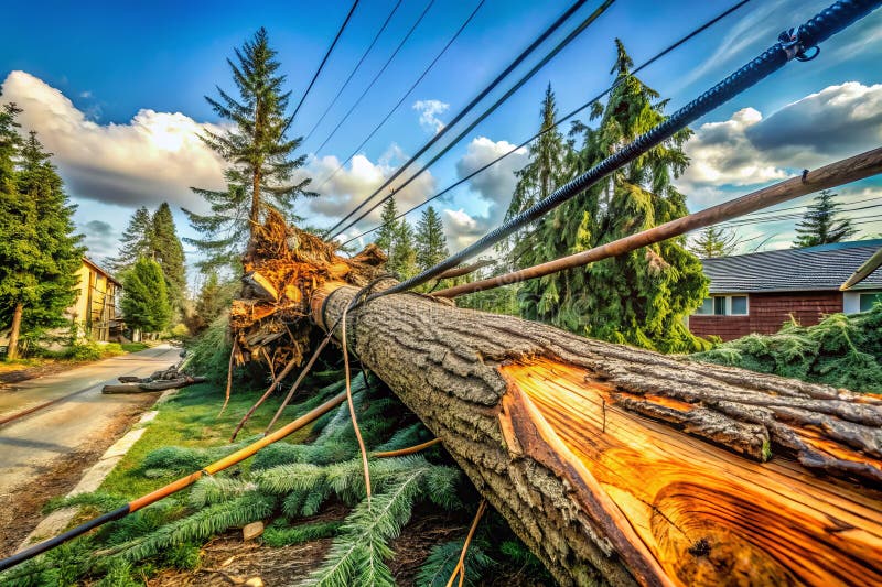Fallen Spruce Tree Critically Damages Power Lines CloseUp View of the ...