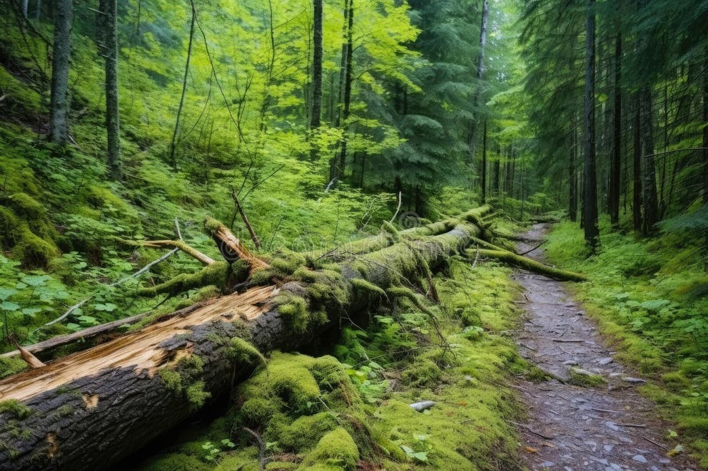 A Fallen Tree Across a Path in a Deep Forest Stock Illustration ...