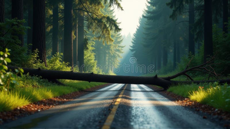 Fallen Tree Blocking Road in Misty Forest Stock Illustration ...