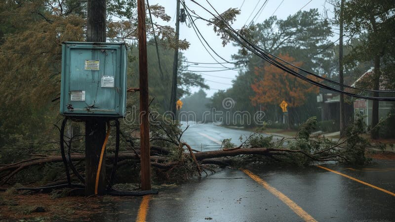 Fallen Tree Blocks Road after Storm. Power Lines Tangled on Utility ...