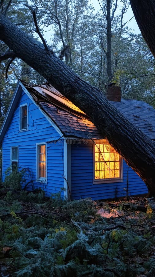 Fallen Tree on a Blue House at Dusk, Illuminated Windows. Natural ...