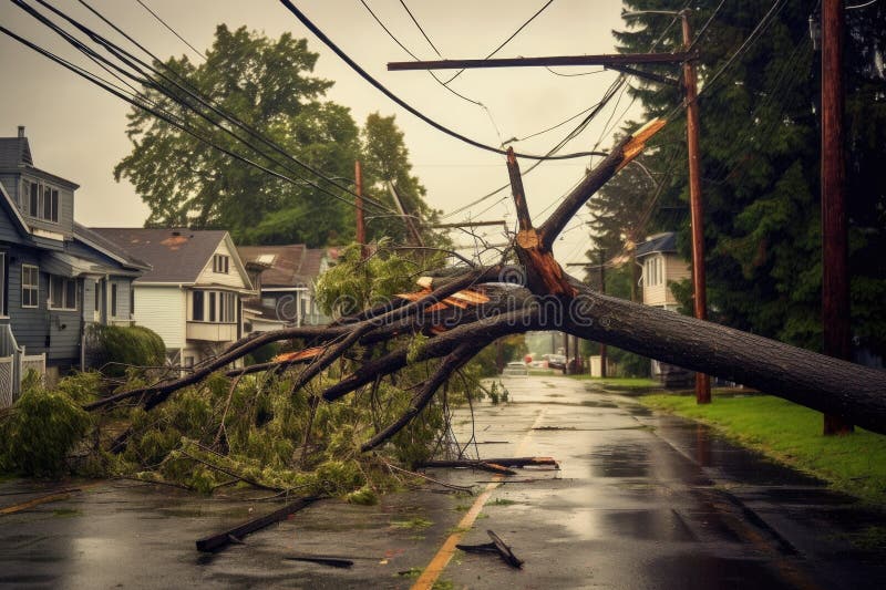 Fallen Tree Branch Entangled with Power Lines Post-storm Stock Photo ...
