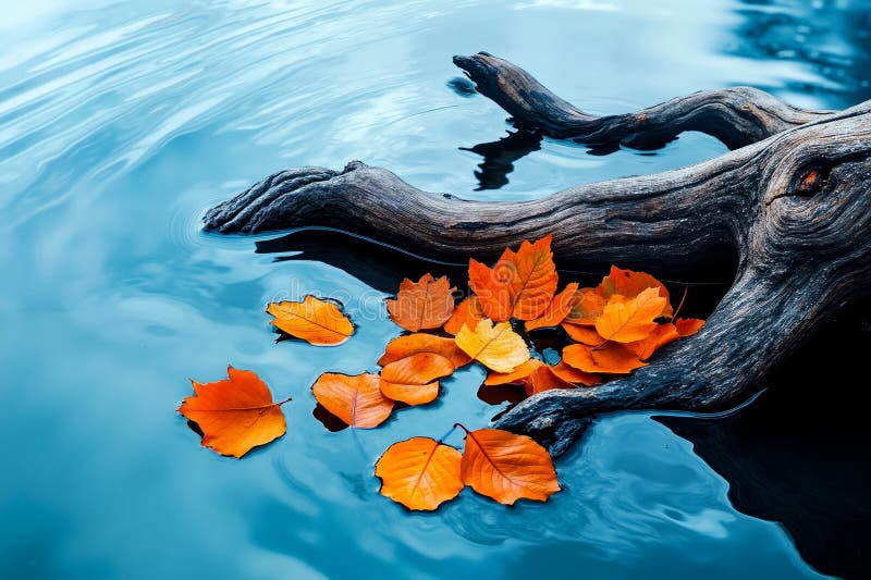 A Fallen Tree Branch with Orange Leaves Floating in the Water Stock ...