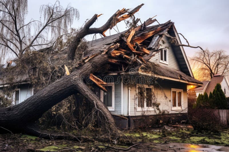 Fallen Tree Branch Piercing a Damaged Roof Stock Illustration ...