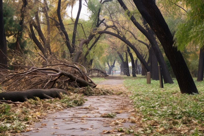 Fallen Tree Branches Scattered on Park Pathway Stock Illustration ...