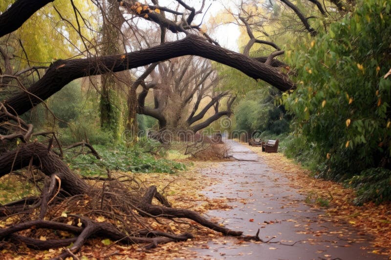Fallen Tree Branches Scattered on Park Pathway Stock Illustration ...