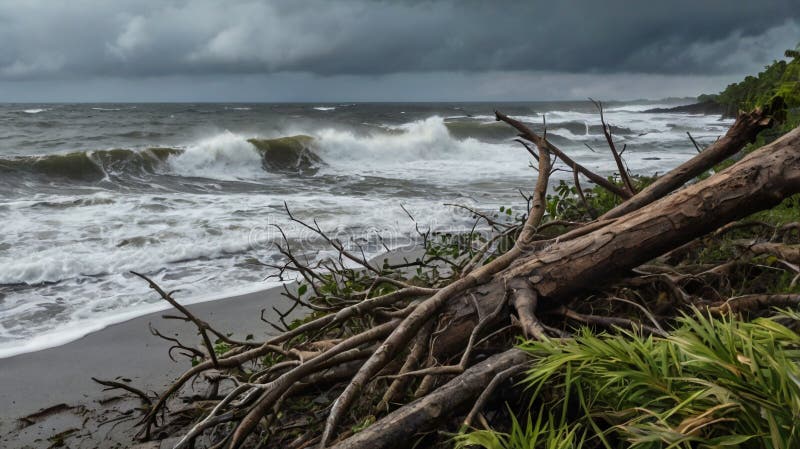 Fallen Tree and Branches on Stormy Beach Landscape Stock Illustration ...