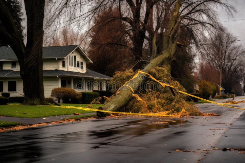 Fallen Tree with Caution Tape Wrapped Around it on a Suburban Street ...