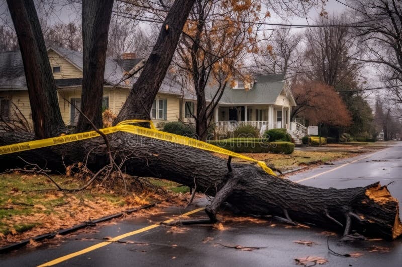 Fallen Tree with Caution Tape Wrapped Around it on a Suburban Street ...