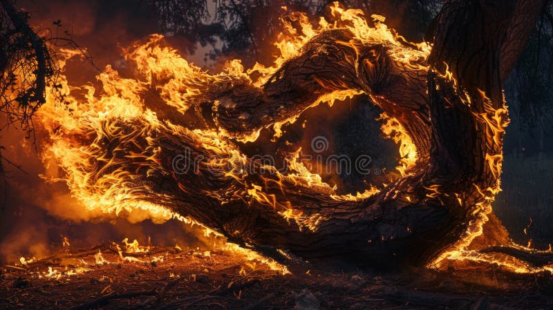 A Fallen Tree Consumed by Flames, Transformed into a Fiery Sculpture in ...