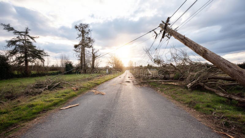 Fallen Tree and Damaged Electrical Pole Obstructing Rural Road, Posing ...