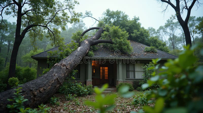 Fallen Tree Damages House Roof during a Severe Storm Stock Illustration ...