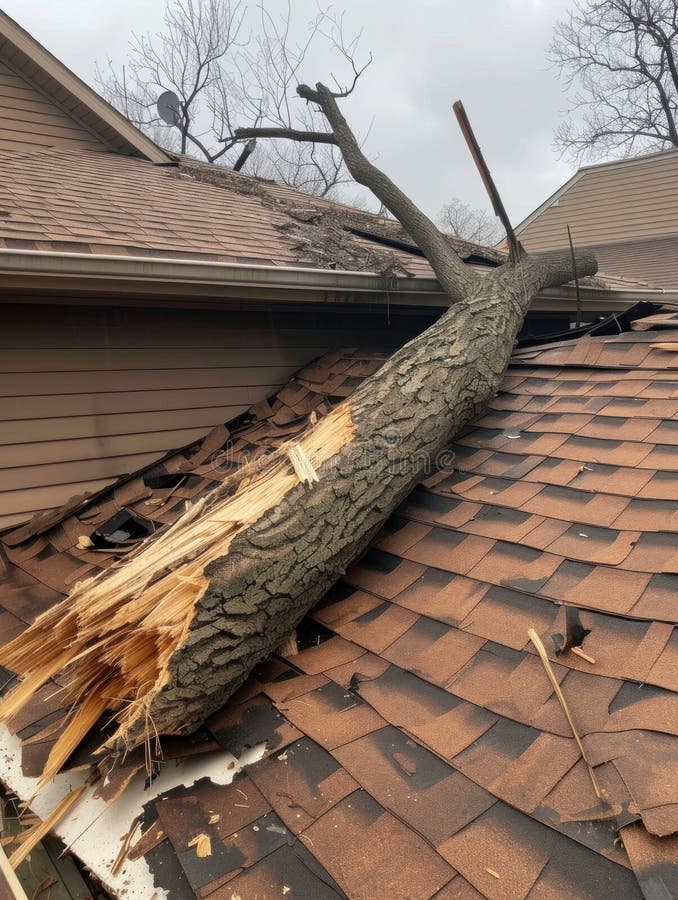 Fallen Tree Damages House Roof during Storm Stock Image - Image of wood ...